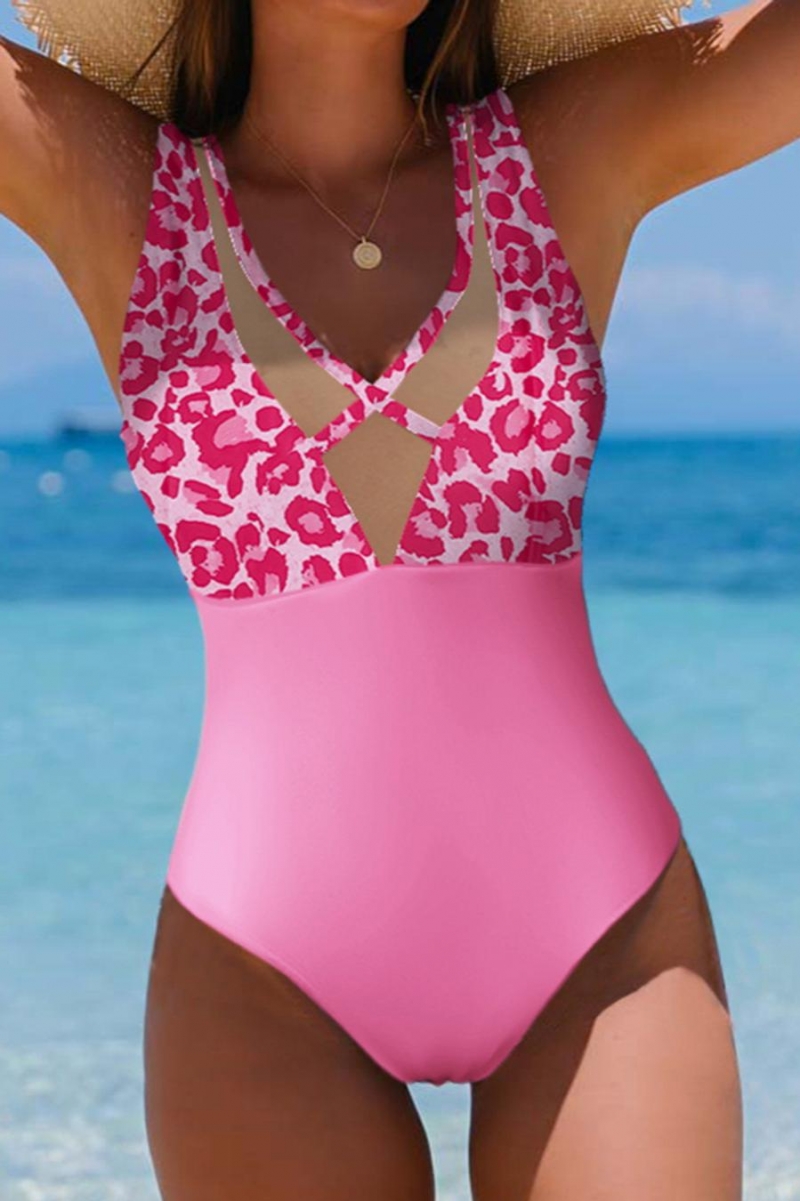 Wholesale Sexy Leopard Mesh Stitching Padded One Piece Swimsuit