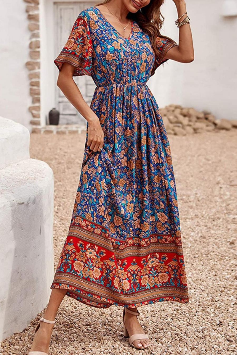 Wholesale Casual non-stretch floral printing v neck bohemian style maxi ...
