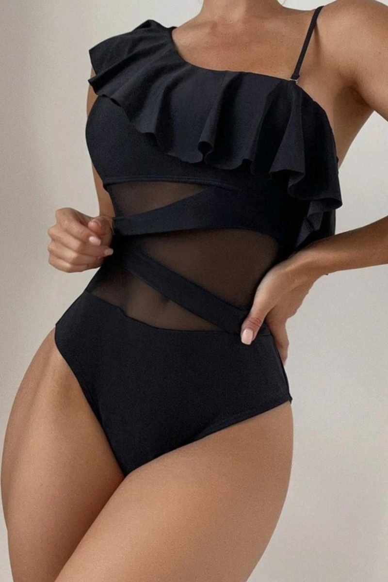 Wholesale Sexy 2 Colors Mesh Stitching Padded Ruffle One Piece Swimwear