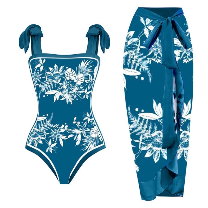 Wholesale Vintage Flower Printing Padded One Piece Swimsuit With Skirt