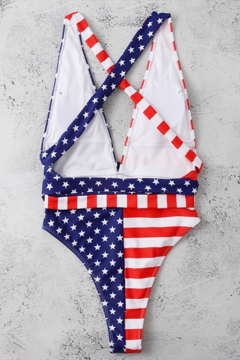 Wholesale Sexy Plus Size American Flag Printing Padded Deep V Backless One Piece Swimsuit