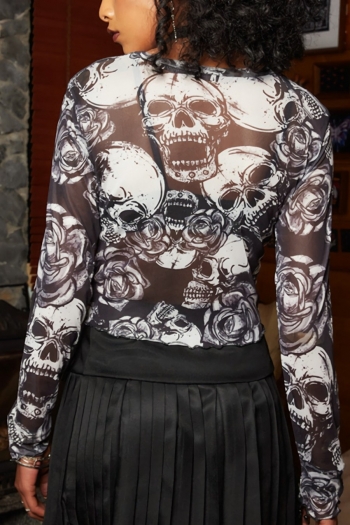 Wholesale Stretch mesh skeleton printing crew neck exquisite top ...