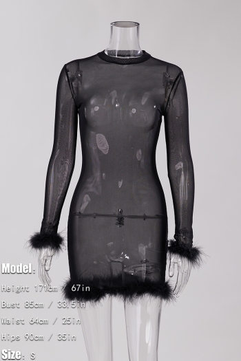 Wholesale Sexy slight stretch mesh fuzzy trim see-through mini dress(no ...