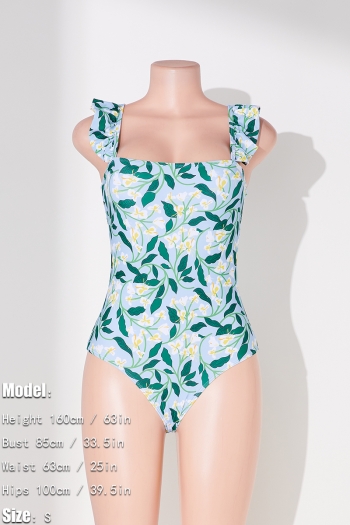 Wholesale Vintage Floral Leaf Printing Ruffle Padded One Piece Swimsuit