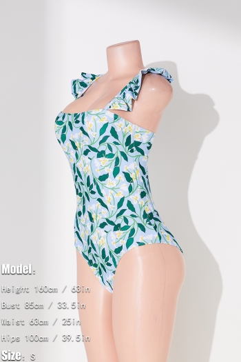 Wholesale Vintage Floral Leaf Printing Ruffle Padded One Piece Swimsuit