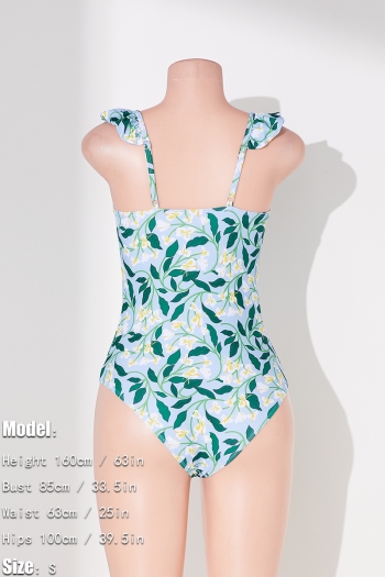 Wholesale Vintage Floral Leaf Printing Ruffle Padded One Piece Swimsuit