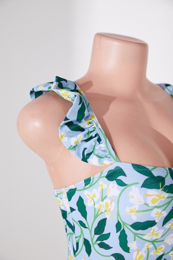 Wholesale Vintage Floral Leaf Printing Ruffle Padded One Piece Swimsuit